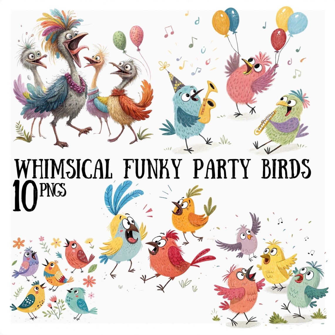 Whimsical Party Birds Clipart: 10 Funky Pngs (digital Download) - Etsy