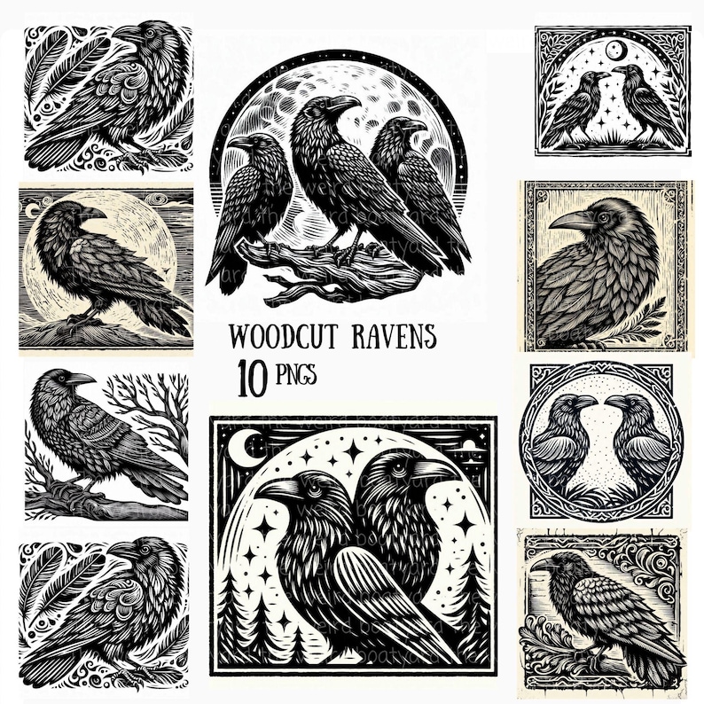 Woodcut Raven Clipart: Vintage Gothic PNG Images (digital Download) - Etsy