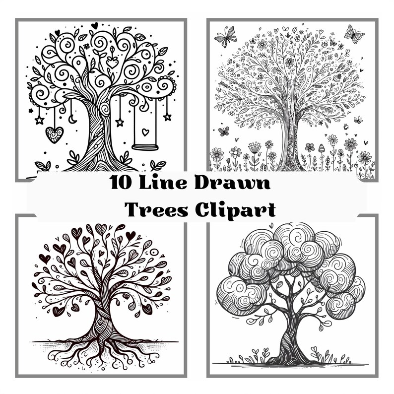 10 Line Drawn Tree Clipart | Whimsical Art, Birds & Squirrels ...
