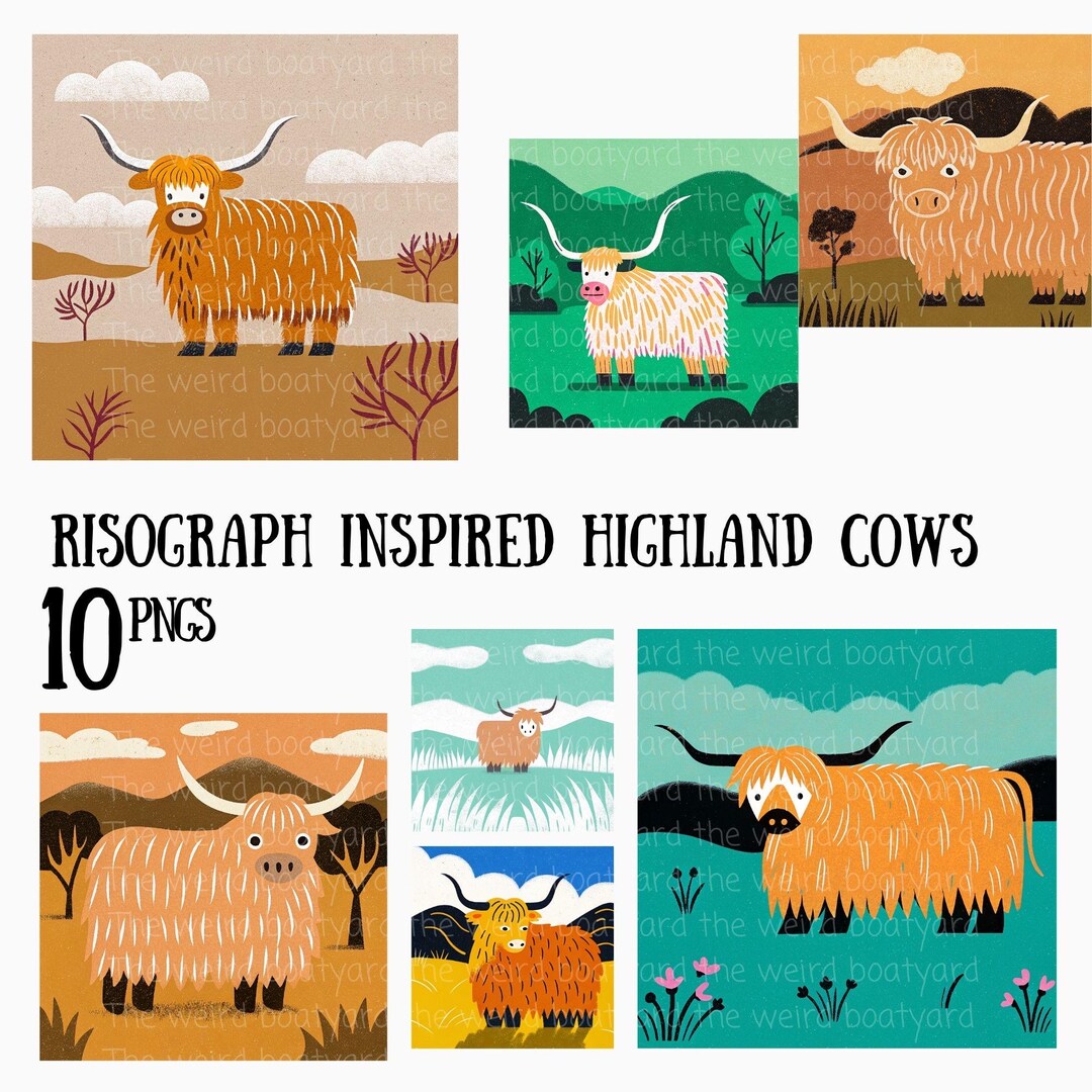 10 Risograph Inspired Highland Cow PNG Clipart Images, Colourful Retro ...