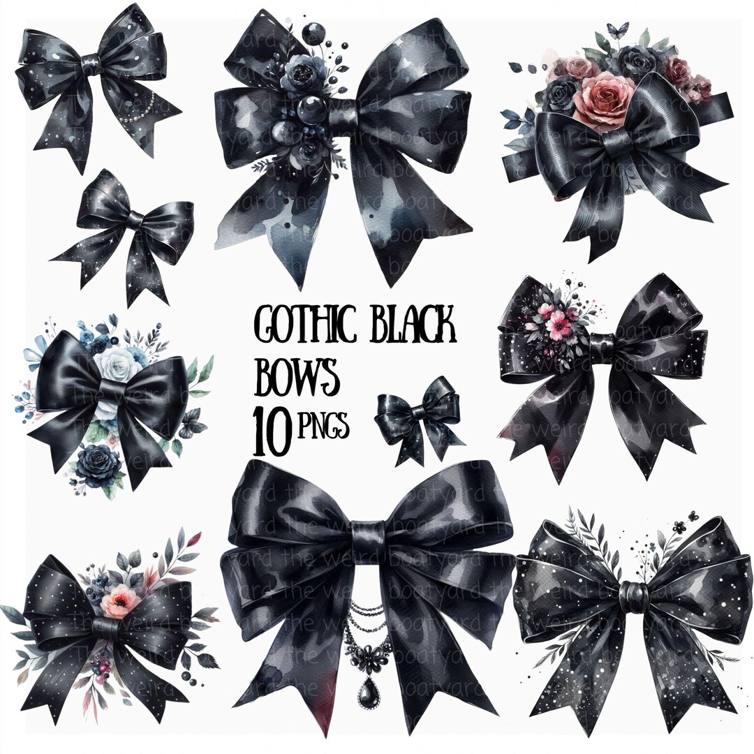 10 Gothic Black Bows PNG, Dark Floral Clipart, Elegant Goth Bows ...