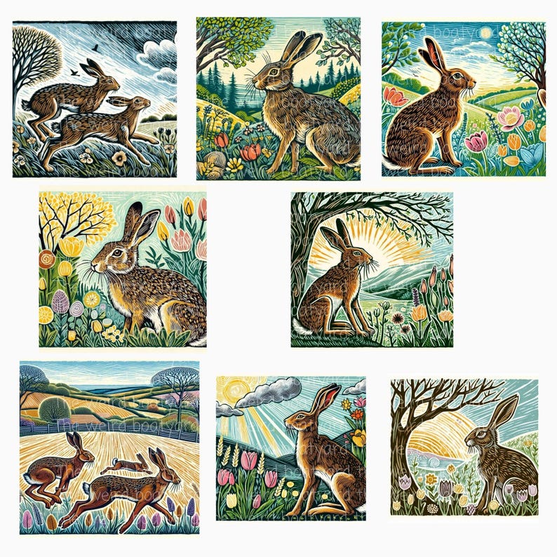 15 Linocut Spring Hare Clipart Images: Seasonal Art (digital Download ...