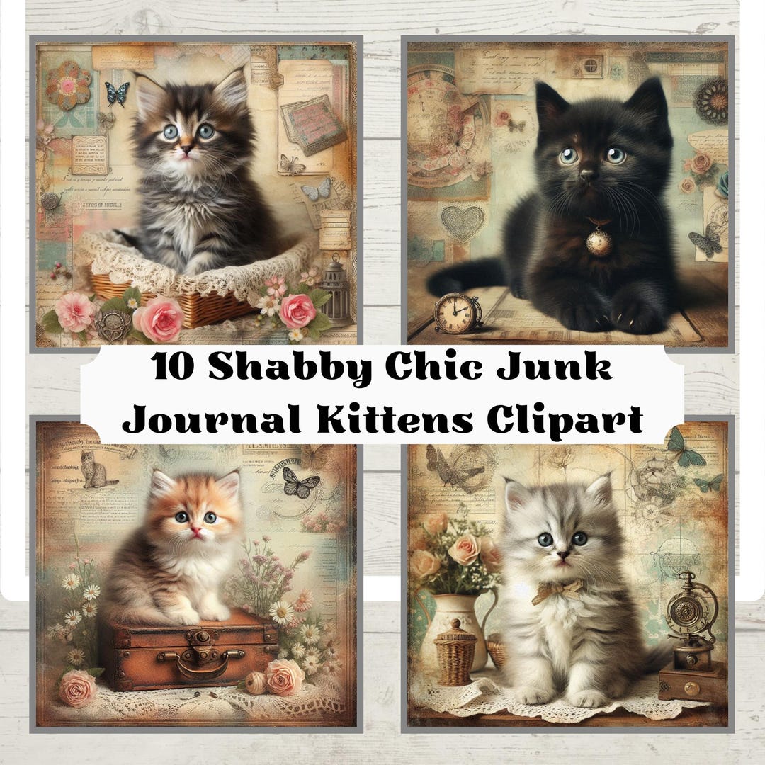 10 Shabby Chic Kitten Clipart Images, Digital Download, Junk Journal ...