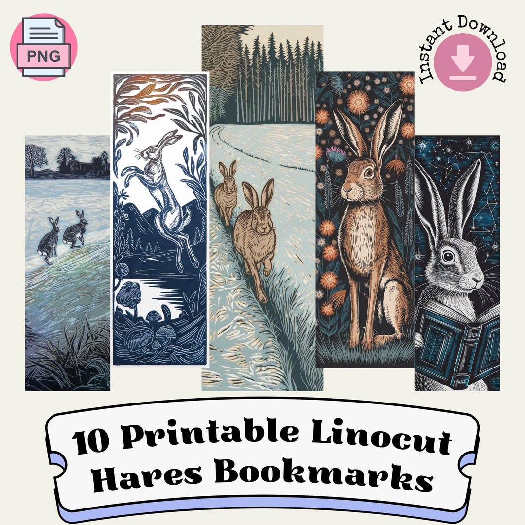 10 Digital Linocut Hare Bookmarks, Printable, Instant Download, Digital ...