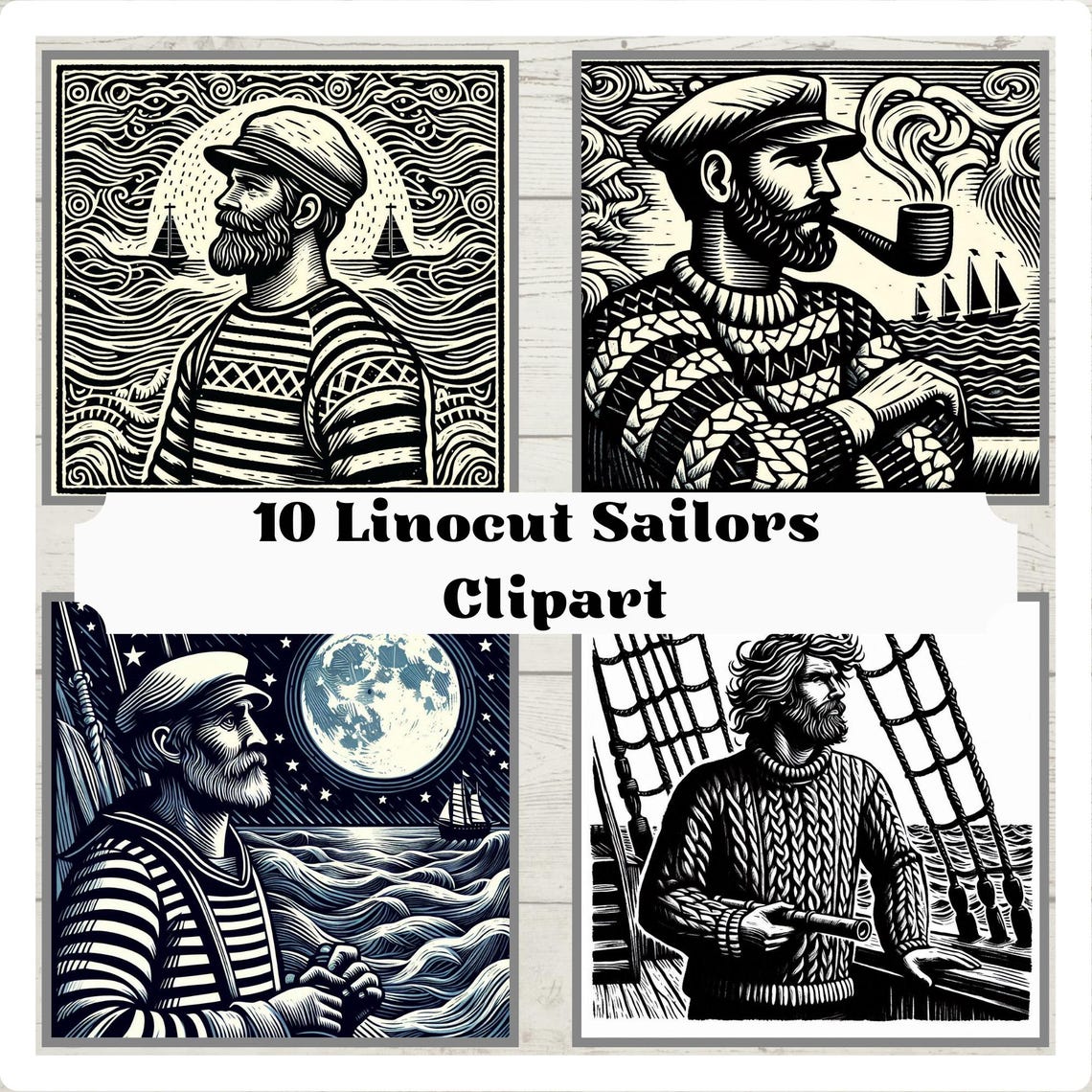 Linocut Sailor Clipart: Vintage Nautical Art, Ganseys (digital Download ...