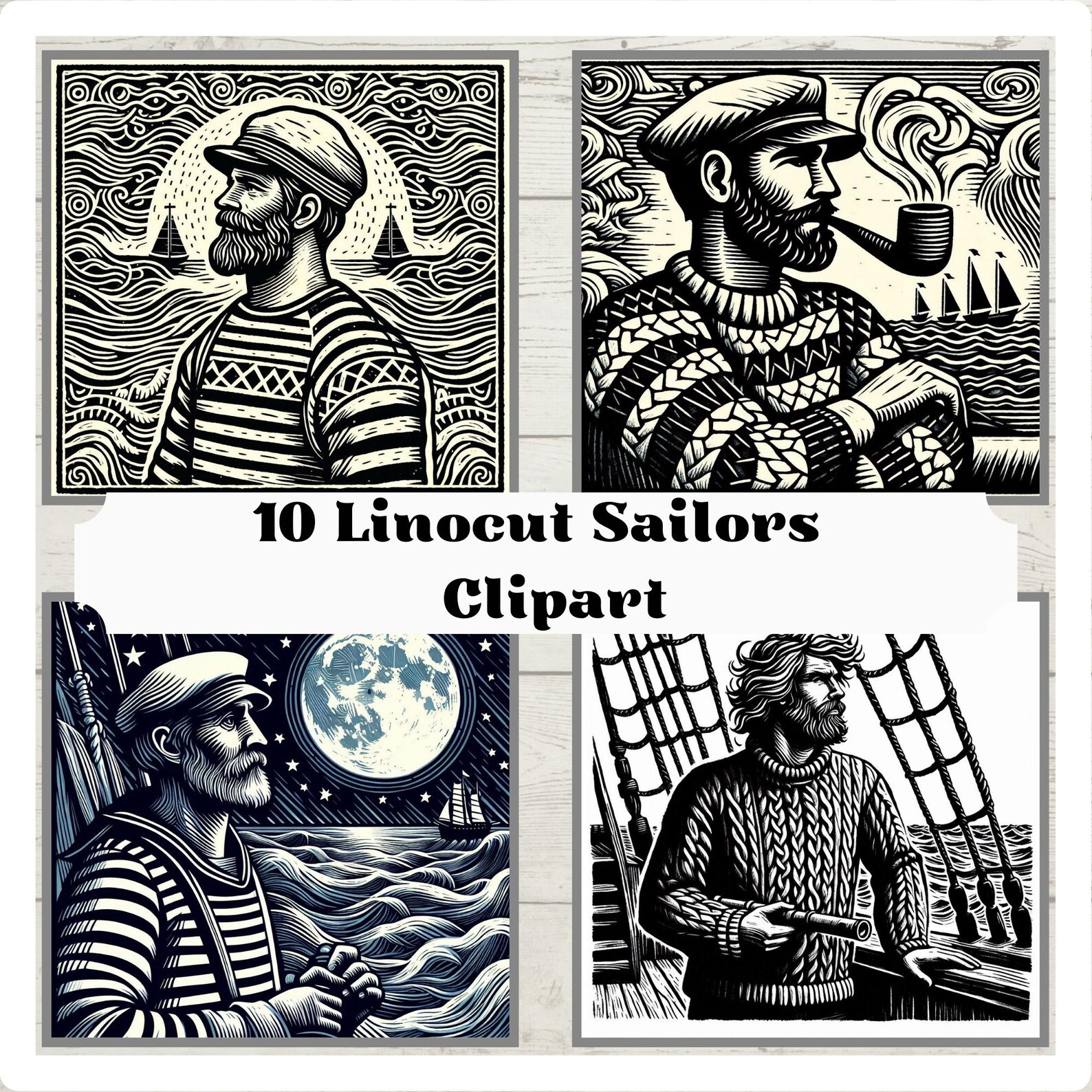 Linocut Sailor Clipart: Vintage Nautical Art, Ganseys (digital Download ...
