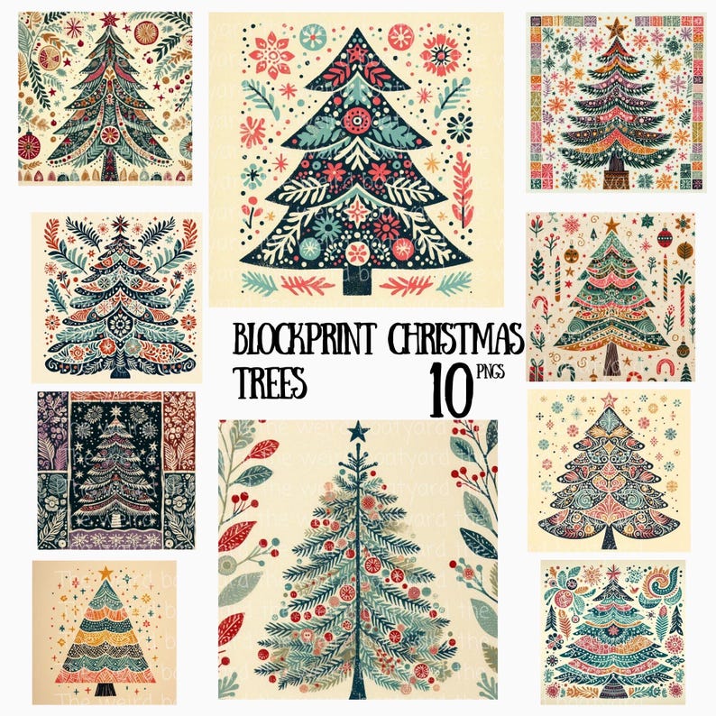10 Blockprint Christmas Tree Clipart Images, Holiday Designs (instant ...