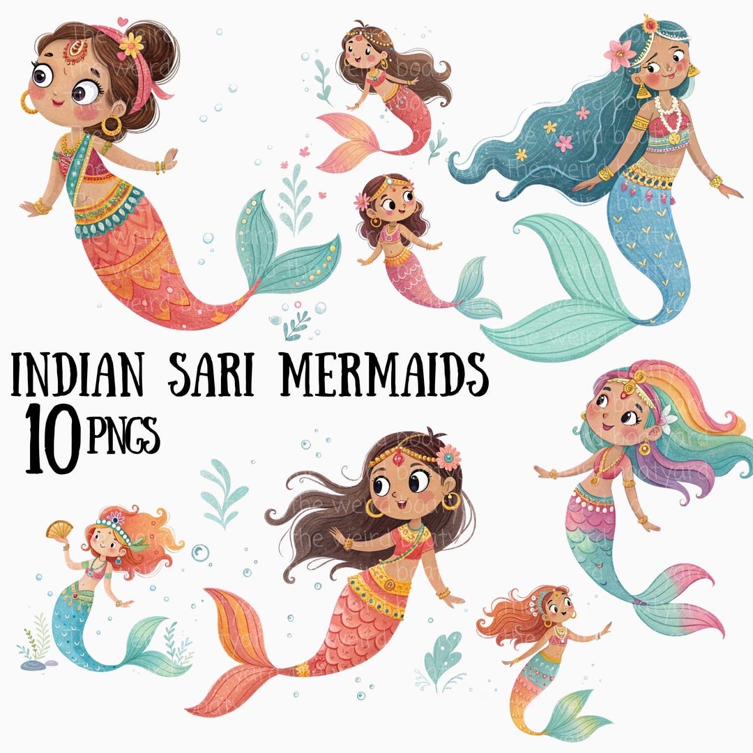 10 Asian Sari Mermaid Pngs – Cute Ocean Watercolor Clipart, Digital ...