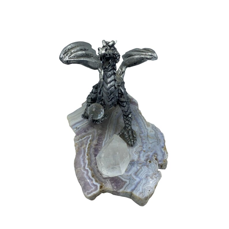 Vintage Pewter Dragon Figurine on Quartz Base With Crystal - Etsy