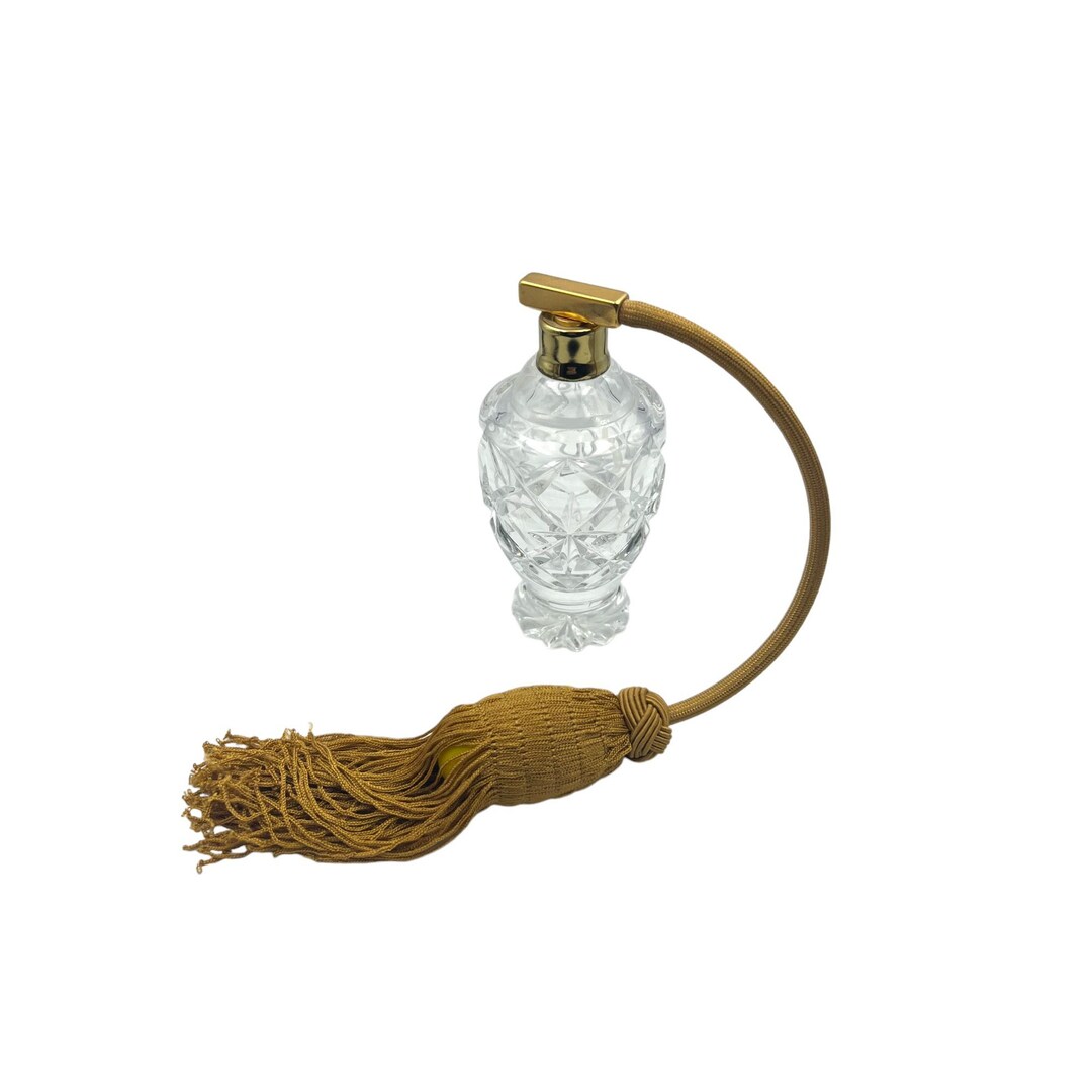 Vintage Crystal Perfume Bottle With Puff and Mustard Satin Tassel - Etsy