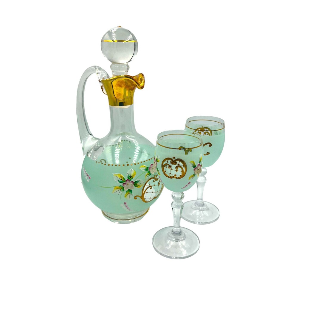Antique Wine Decanter Set With Tiffany Blue Decanter, 2 Glasses, and ...