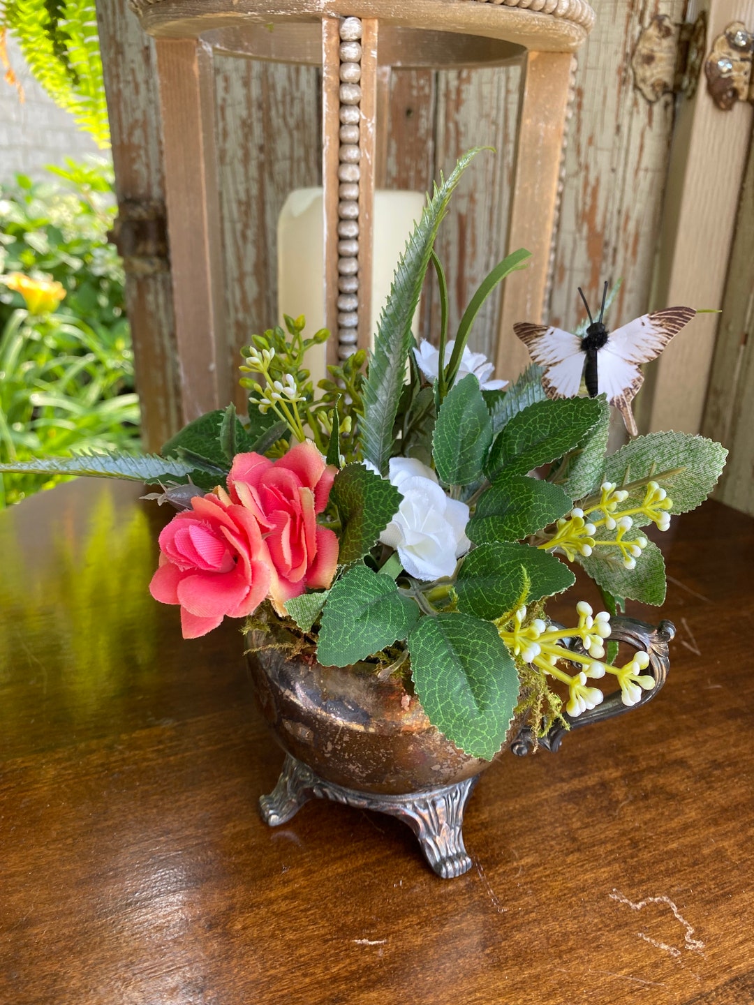 Teacup Arrangement, Place Arrangement in Silver Creamer, Vintage ...