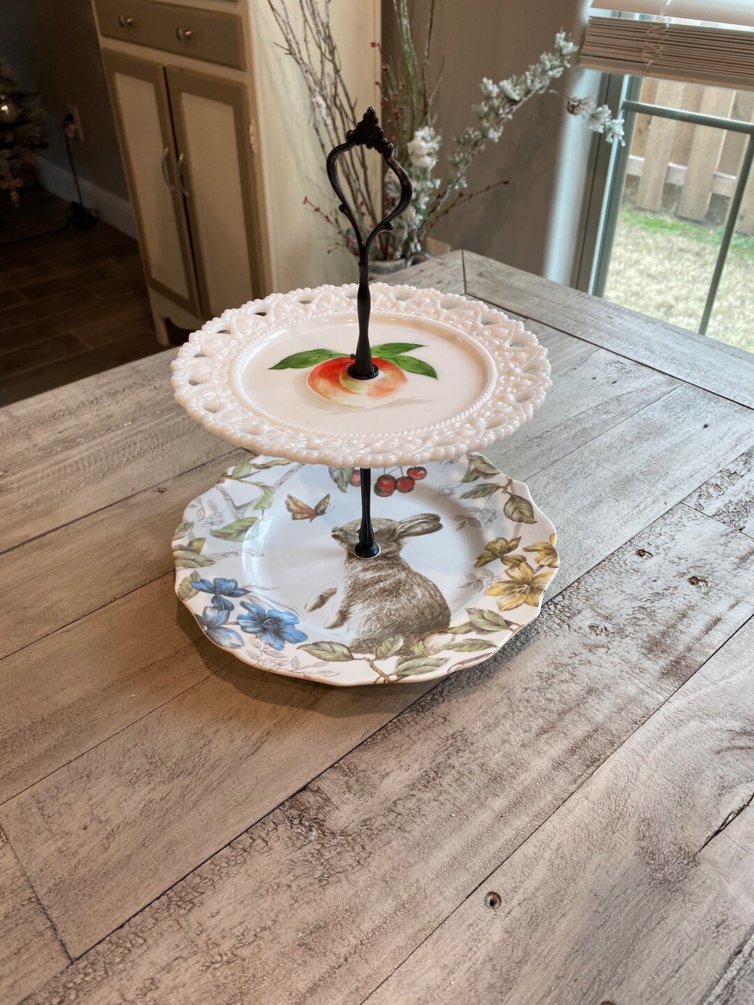 2 Tiered Cake Stand, 2 Tiered Stand, Tray, Bone China Tray, Milk Glass ...