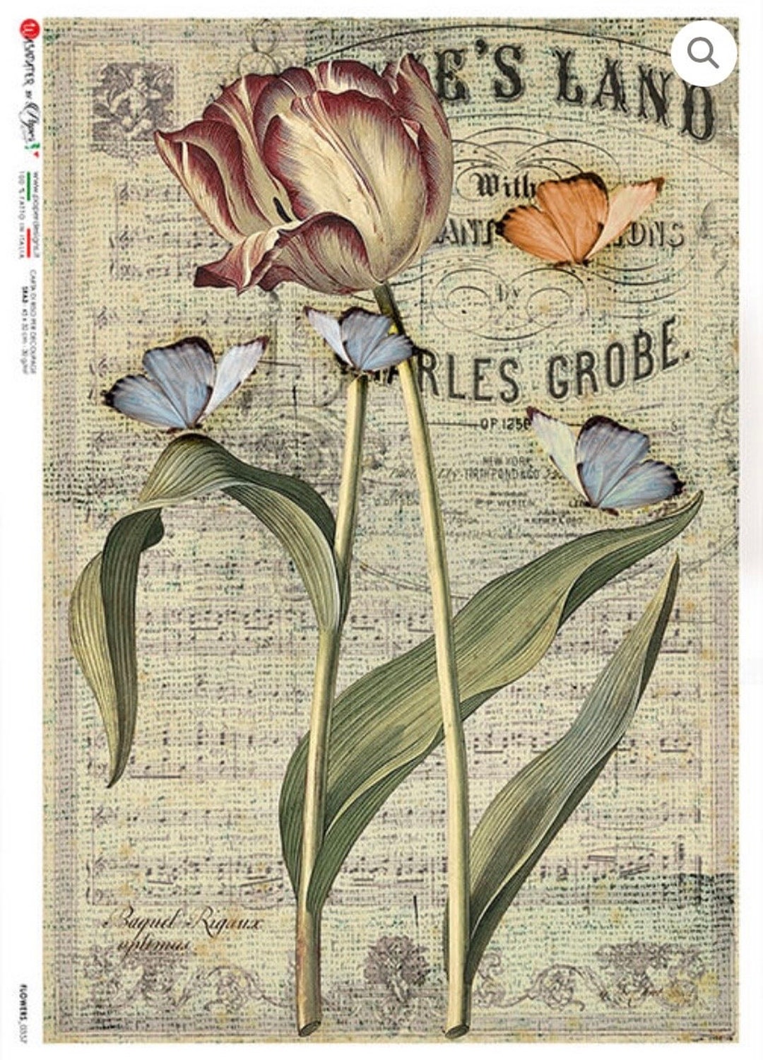 Rice Paper, Decoupage Paper, Tulip on Music Notes Rice Paper, A4 ...
