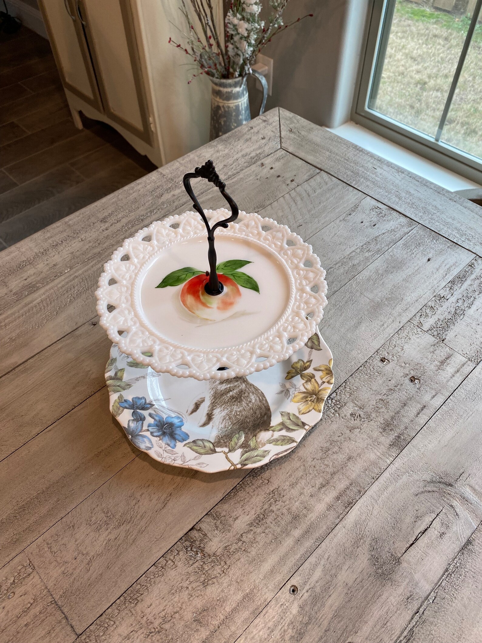 2 Tiered Cake Stand, 2 Tiered Stand, Tray, Bone China Tray, Milk Glass ...