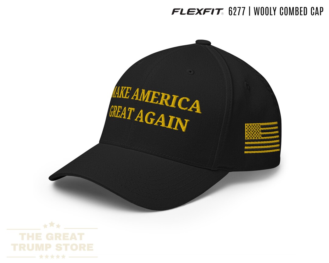 Gold Dark MAGA Hat Flex Fit Black Yellow Trump Cap, Make America Great ...