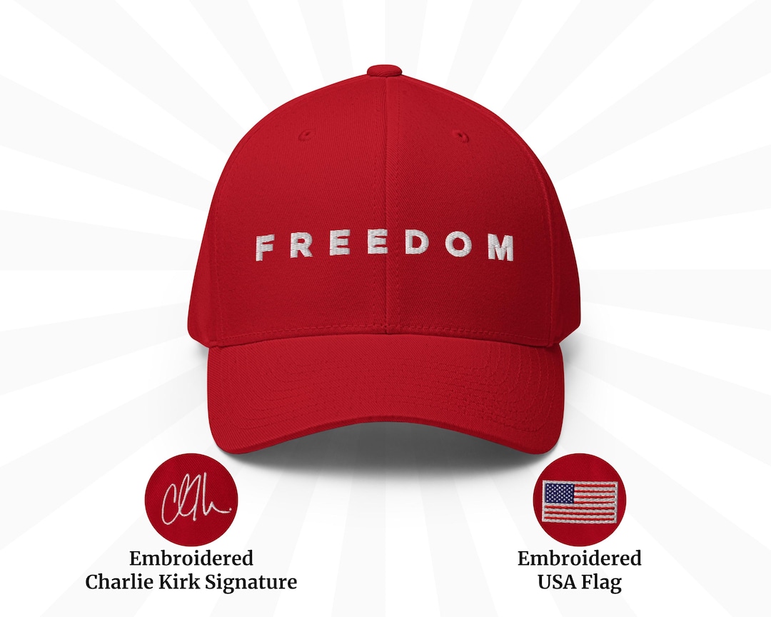 Red Freedom Hat Flex Fit Charlie Kirk Signature Cap USA Flag Embroidery ...