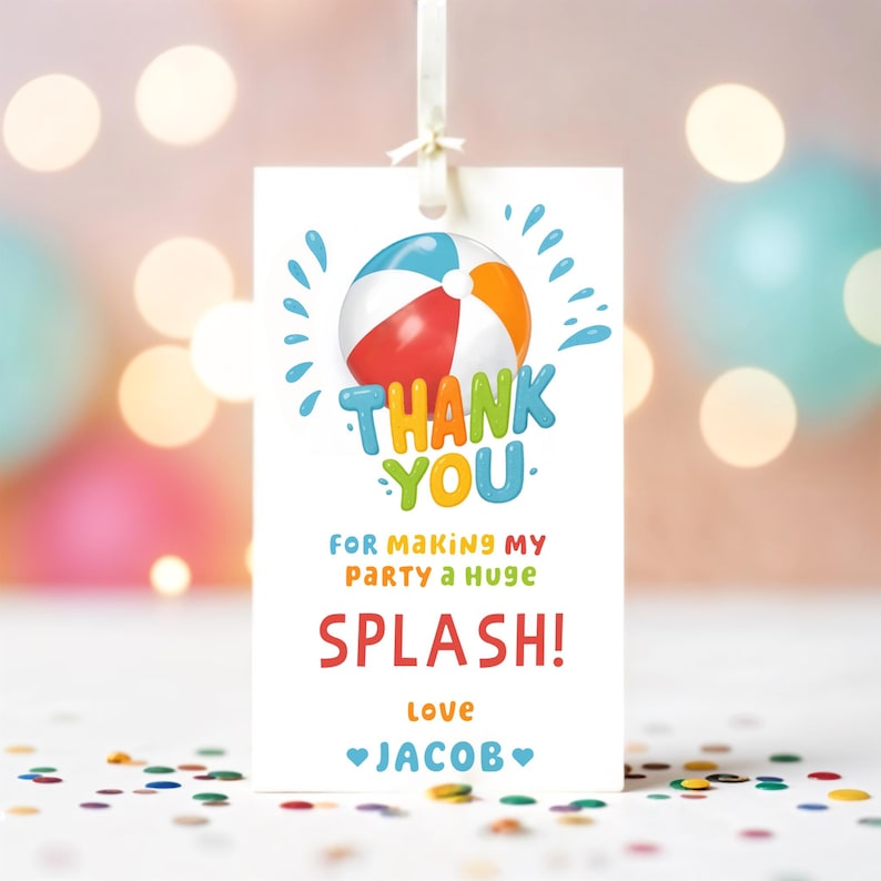 Editable Splish Splash Birthday Tag Pool Party Tag Boy Beach Ball Pool ...