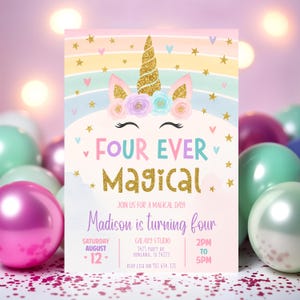 Editable Unicorn 4th Birthday Invitation Four Ever Magical Party Invite ...
