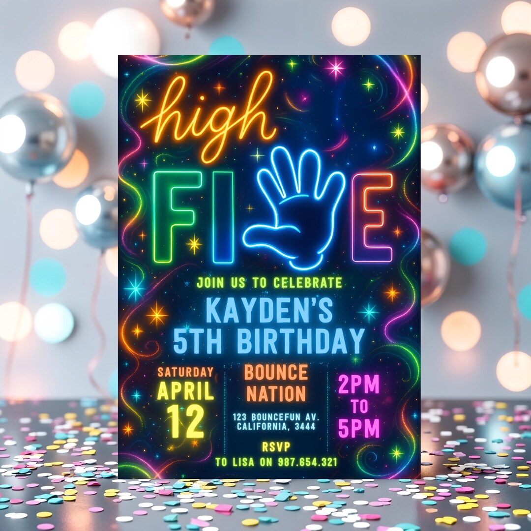 Editable High Five Birthday Party Invitation Neon Glow High Five Hi ...