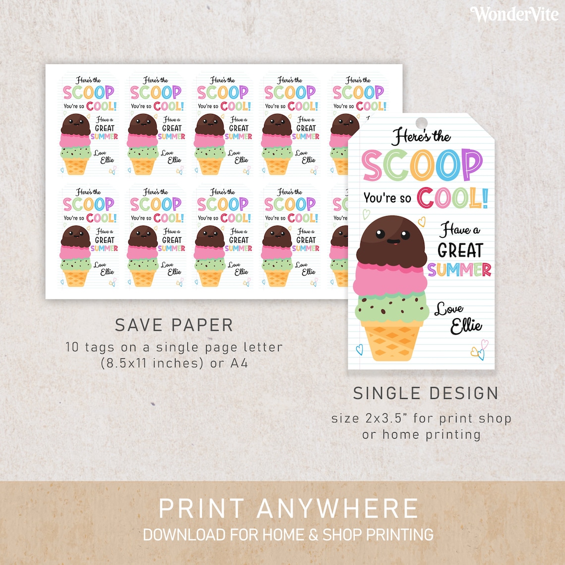 Editable Summer Ice Cream Teacher Appreciation Tag Kids End of School ...