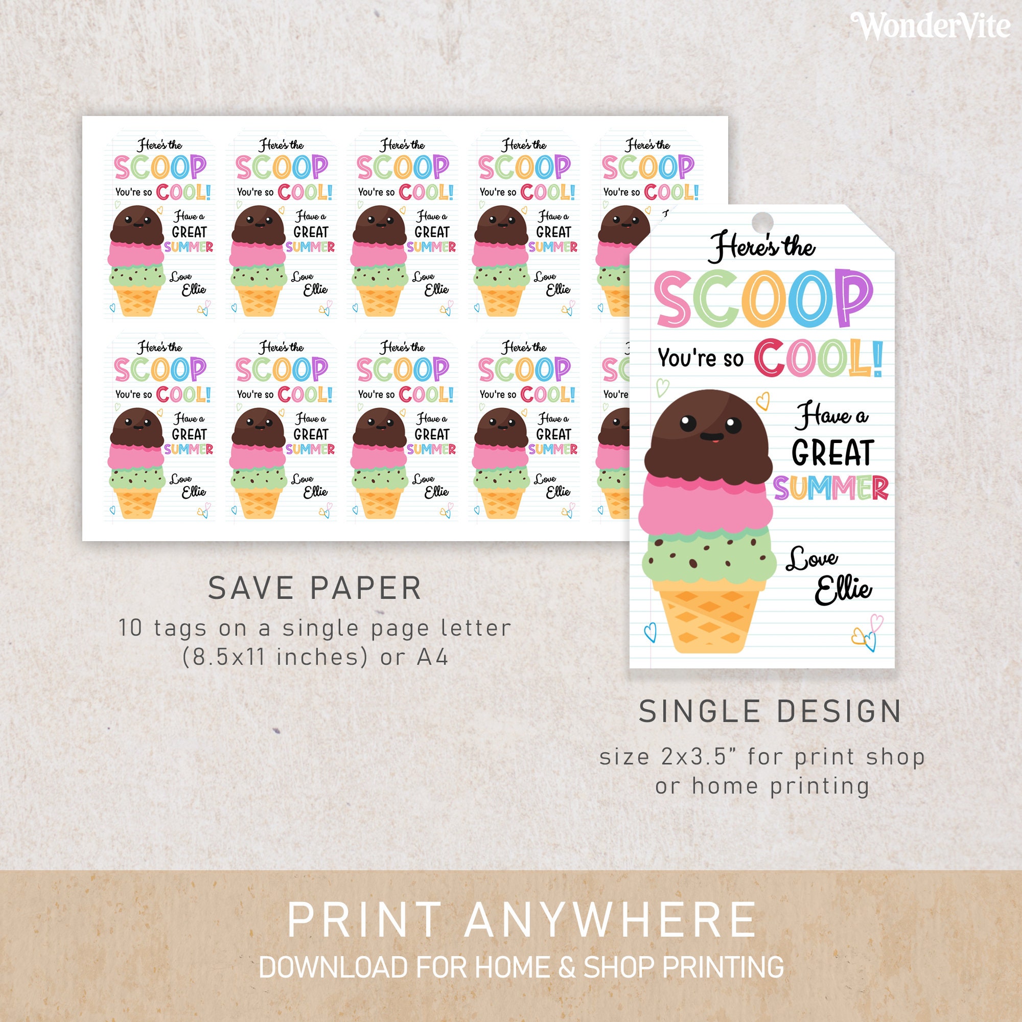 Editable Summer Ice Cream Teacher Appreciation Tag Kids End of School ...