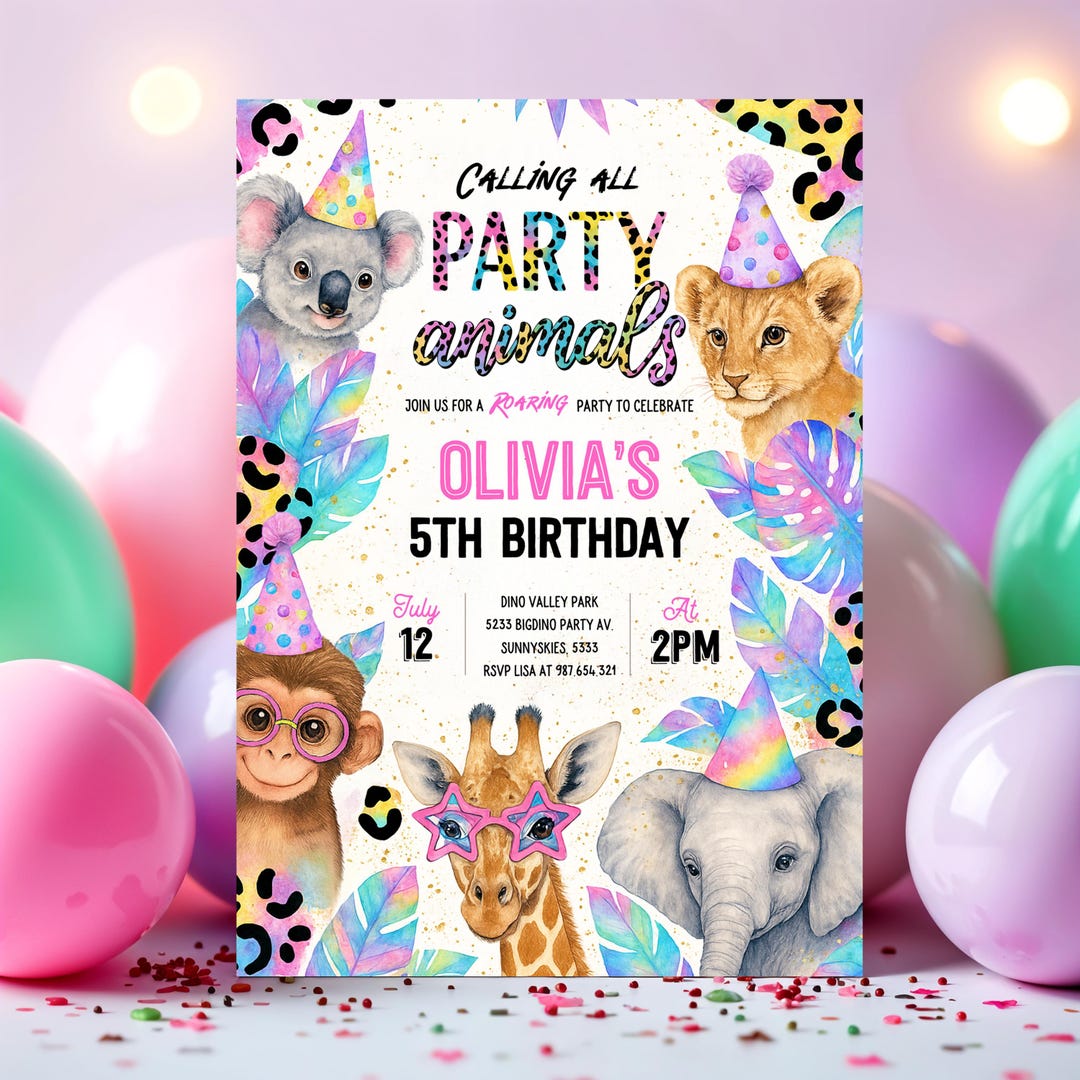 Editable Party Animals Birthday Invitation Pastel Rainbow Cheetah Print ...
