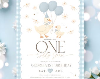 One Silly Goose Birthday Invitation Template, 1st Birthday Girl, Blue ...