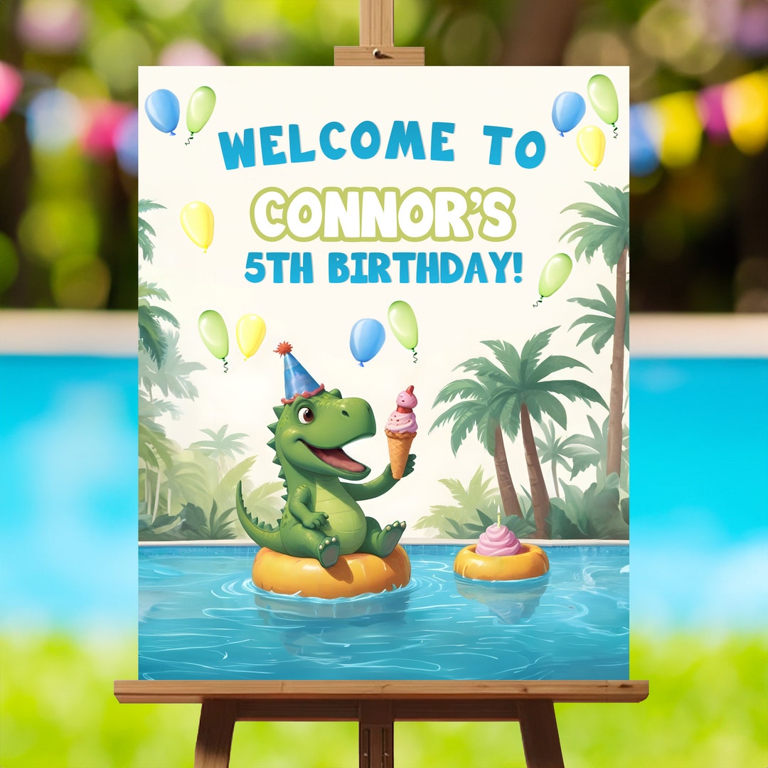 Editable Dinosaur Pool Party Welcome Sign Dinosaur Pool Birthday Party ...