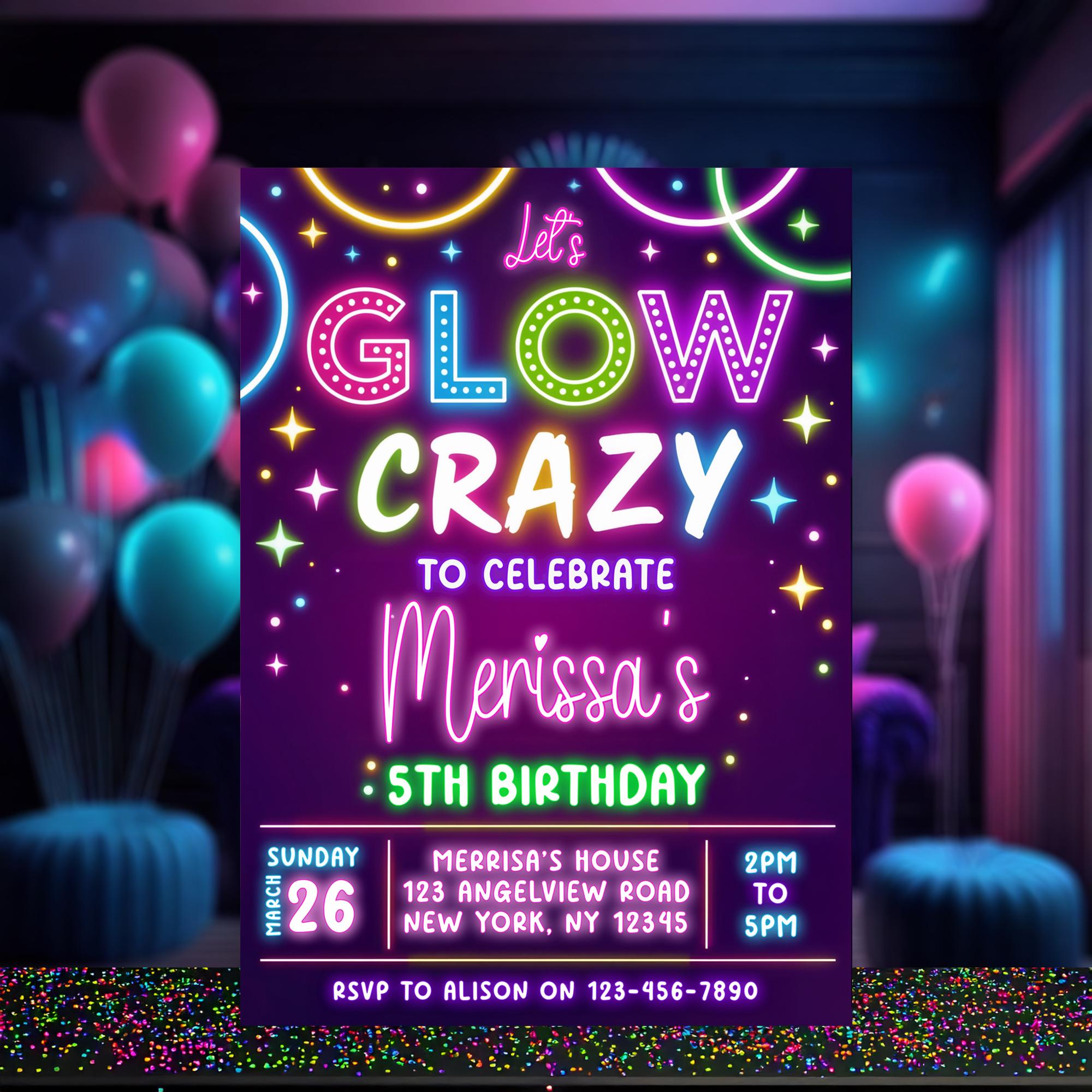 Editable Glow Party Birthday Invitation, Glow Invitation, Glow Crazy ...
