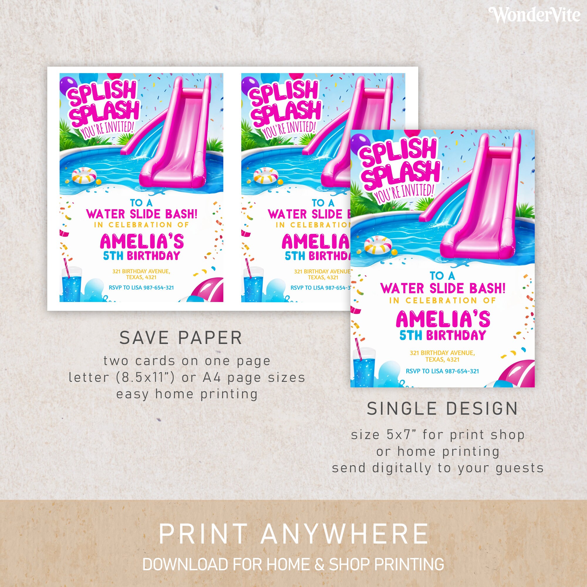 Editable Splish Splash Girls Birthday Invitation Pool Party Pink Slip and Slide Birthday Bash ...