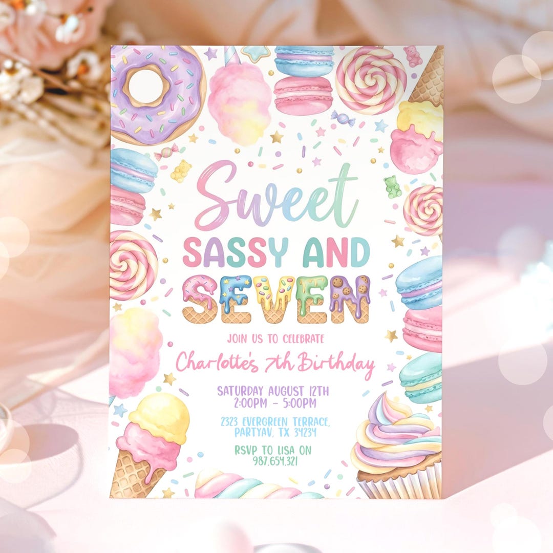 Sweet Sassy and Seven Birthday Invitation, 7th Birthday Girl Invite ...