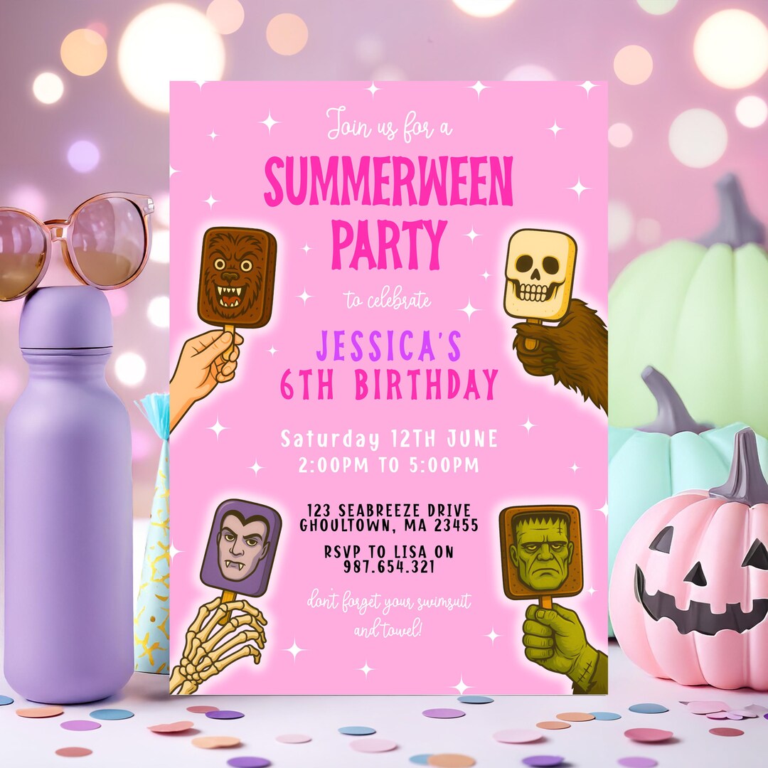 Editable Summerween Birthday Party Invitation Summer Halloween Ghost ...