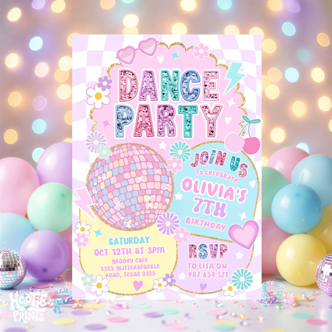 Preppy Varsity Dance Birthday Invitation, Pastel Groovy Party Invite ...