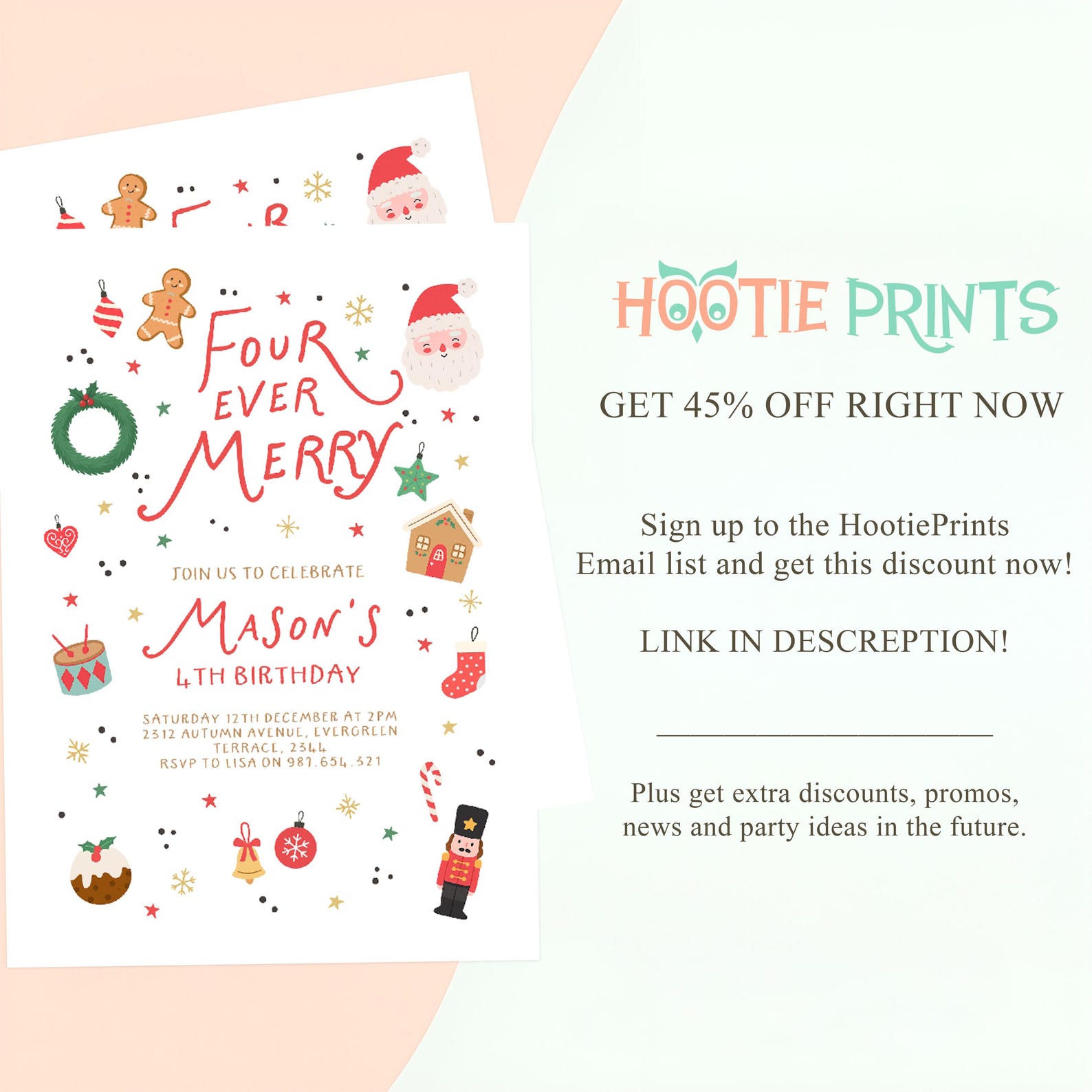 Four Ever Merry 4th Birthday Christmas Party Invitation Editable ...