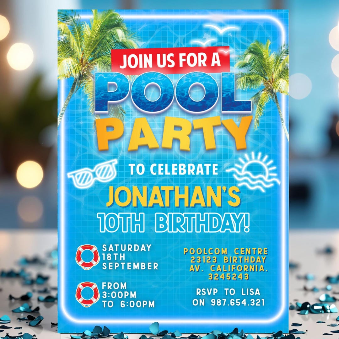 Pool Party Birthday Invitation Neon Blue Editable Swim Invite - Etsy