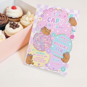 Capybara Birthday Invitation, Cute Pink Capy Birthday, Preppy Smile ...