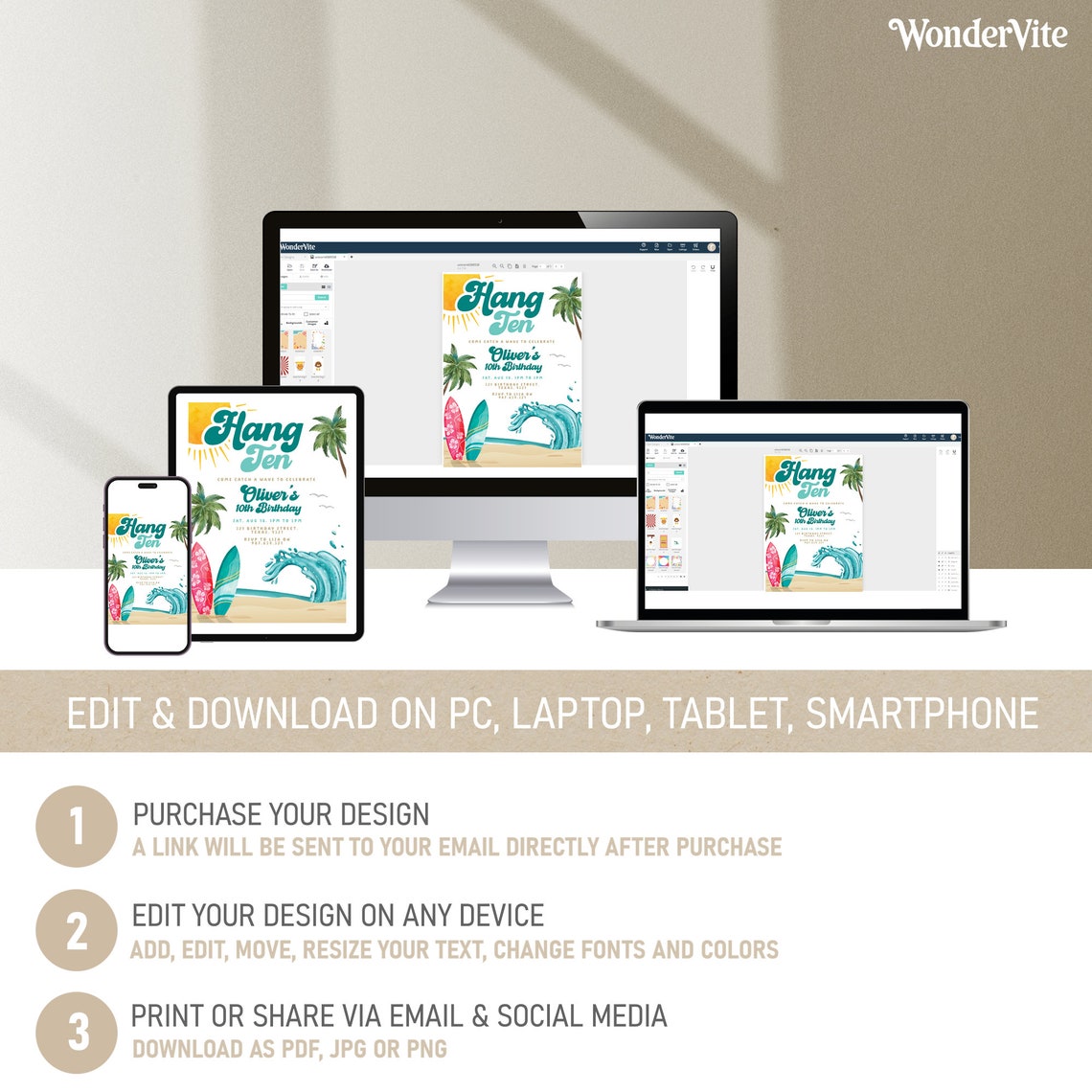 Editable Hang Ten Birthday Invitation Boy Surfing Tenth Birthday Invite ...