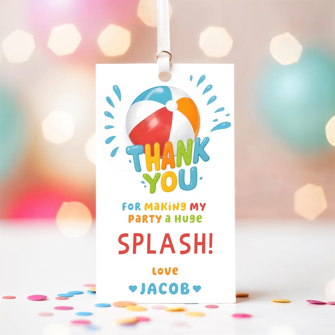 Editable Splish Splash Birthday Tag Pool Party Tag Boy Beach Ball Pool ...