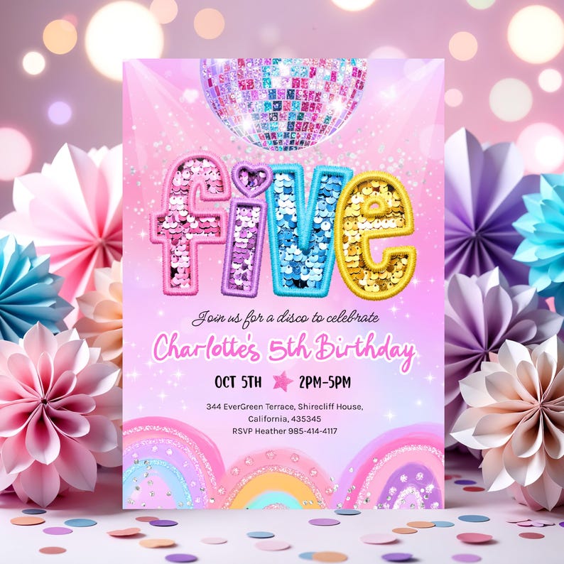 5th Birthday Disco Invitation Editable Rainbow Sequin Glitter Girls ...