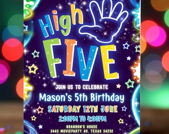 Editable High Five Birthday Party Invitation Rainbow Leopard Neon Glow ...