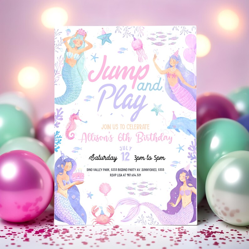 Jump and Play Mermaid 6th Birthday Invitation for Girls - Etsy