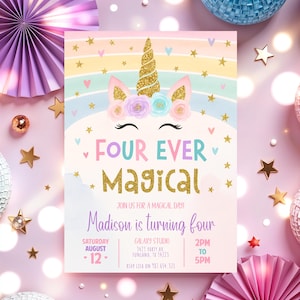 Editable Unicorn 4th Birthday Invitation Four Ever Magical Party Invite ...