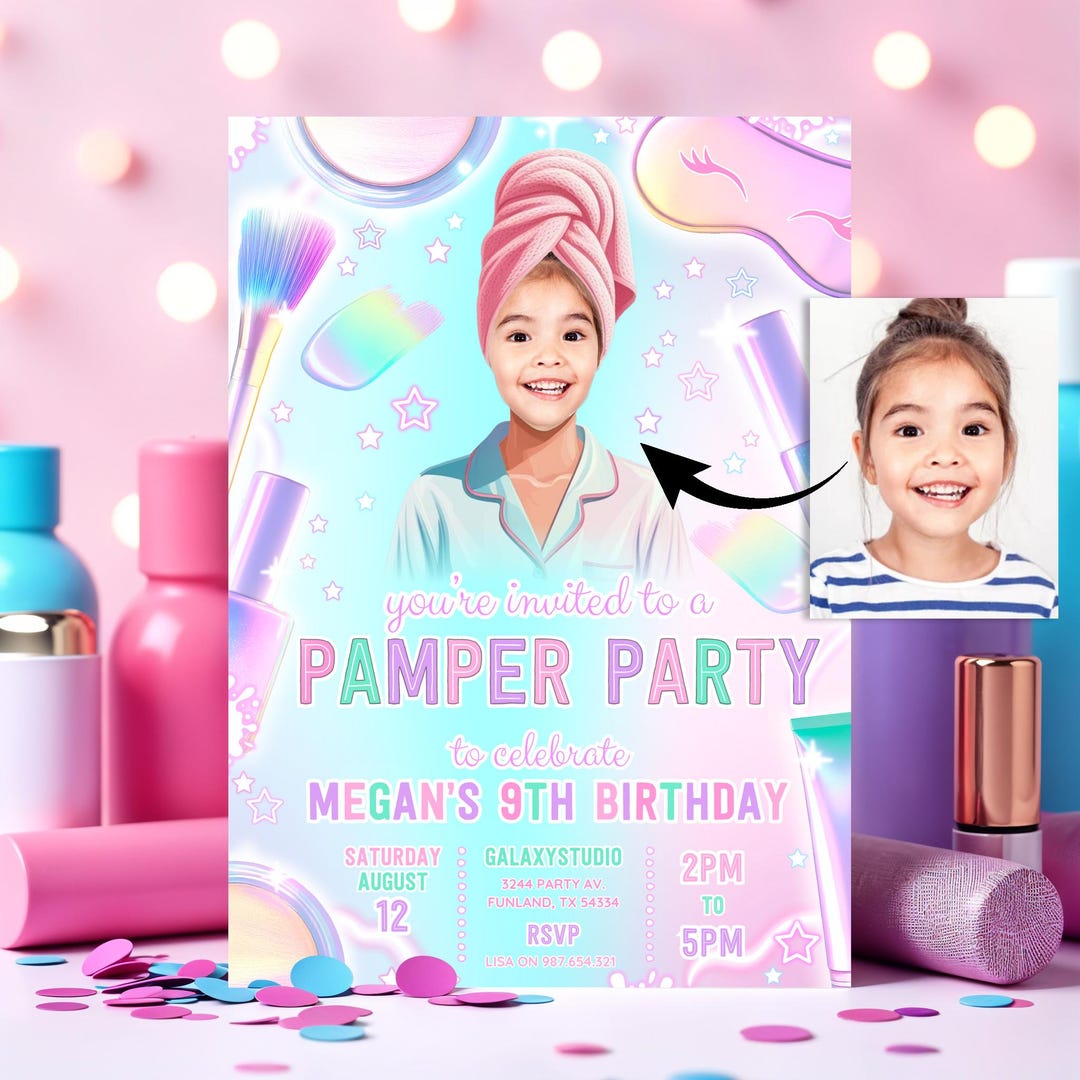Editable Pamper Party Birthday Invitation Neon Glow Pamper Spa Party ...