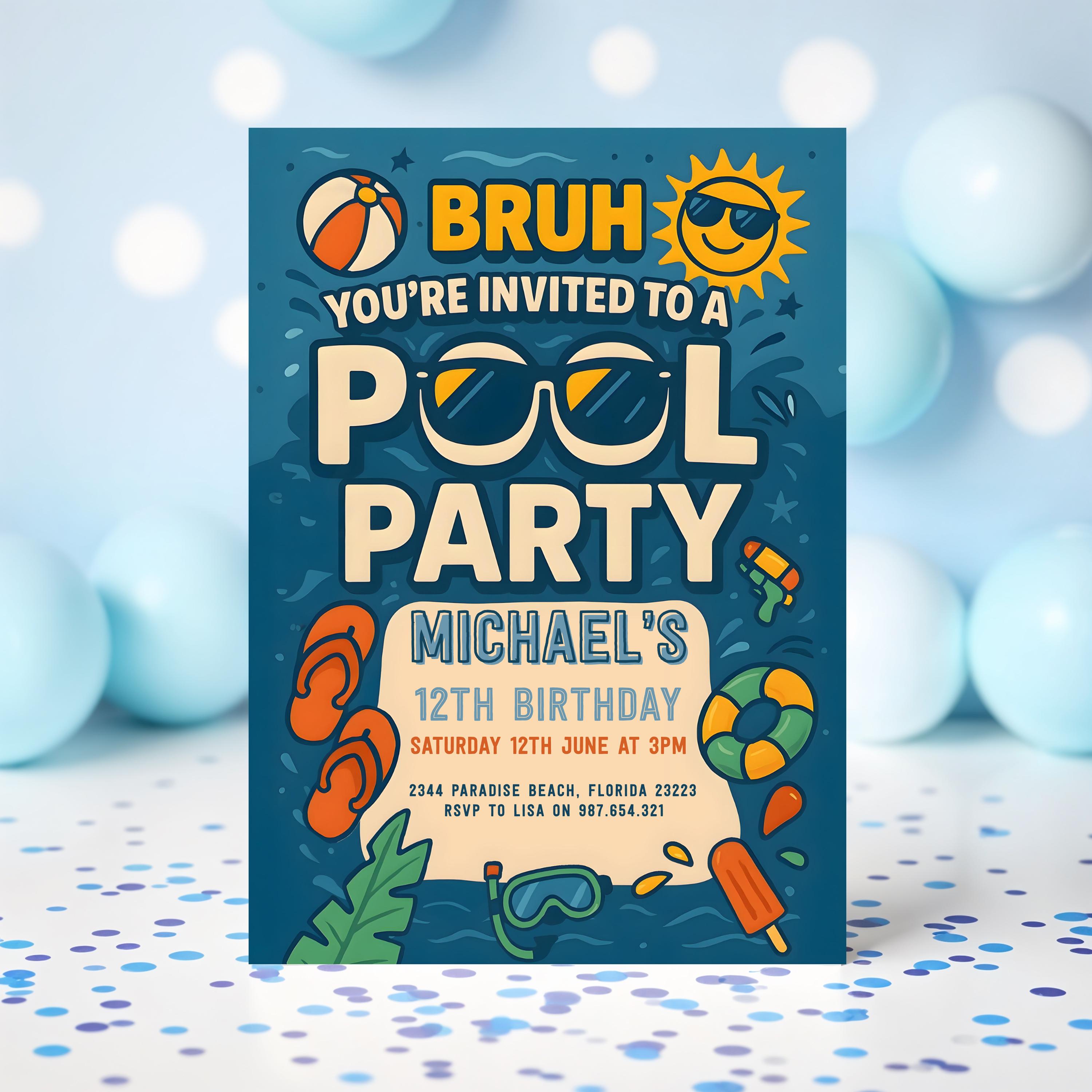 Bruh Pool Party Birthday Invitation | Boy Summer Swim Party Invite ...