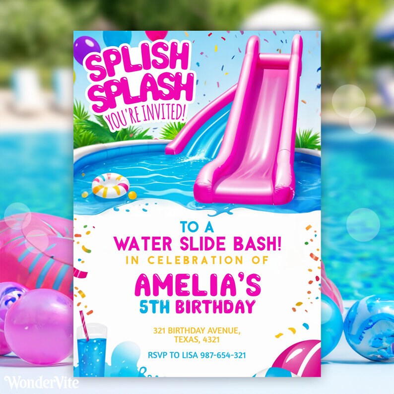 Editable Splish Splash Girls Birthday Invitation Pool Party Pink Slip and Slide Birthday Bash ...