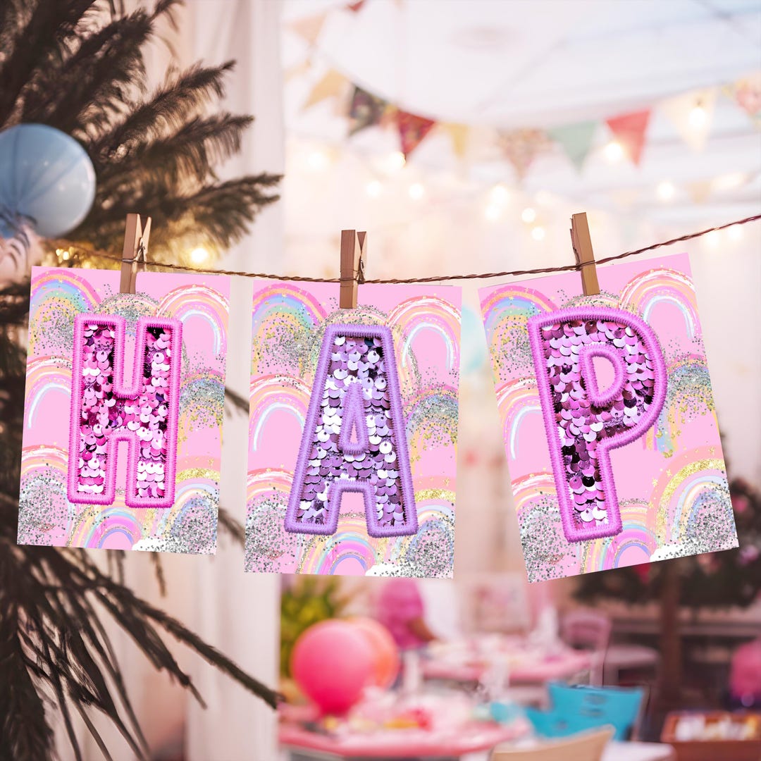 Editable Happy Birthday Banner: Rainbow Sequin Glitter Party (printable ...