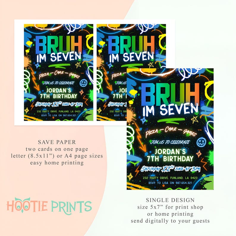 Editable Bruh Birthday Invitation, Seven Neon Graffiti Theme 7th ...