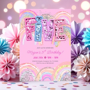 5th Birthday Invitation Girl Editable Rainbow Sequin Glitter Invite ...