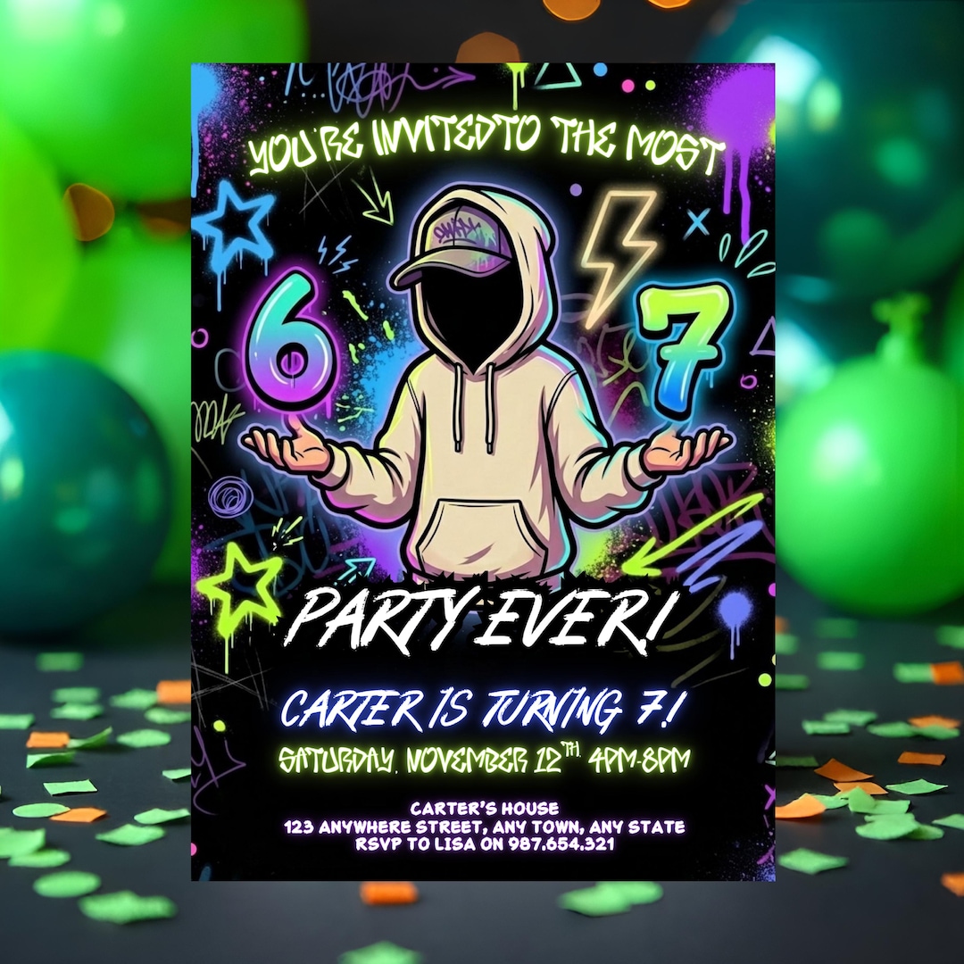 6 7 Meme Boys 7th Birthday Invitation Neon Graffiti Editable Party ...